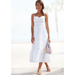 Buffalo Damen Midikleid &raquo;mit hochwertiger Lochstickerei&laquo; Ohne Taschen luftiges Sommerkleid aus Baumwolle, Spaghettikleid,Boho-Kleid, elegant wei&szlig; 40, 