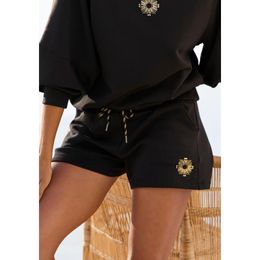 Buffalo Damen Sweatshorts Loungeshorts mit seitlichen Taschen und kleinem Print, Loungewear schwarz 40/42, N-Gr