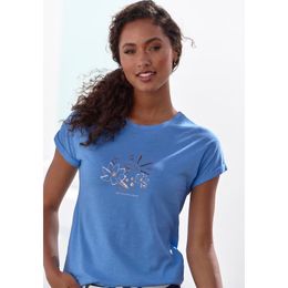 Vivance Damen T-Shirt &raquo;mit goldenfarben schimmerndem Folienprint&laquo; aus luftiger Baumwoll-Qualit&auml;t blau 32/34