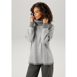 Aniston Casual Damen Aniston CASUAL Strickpullover im Karo-Dessin mit Streifen-Optik grau 36