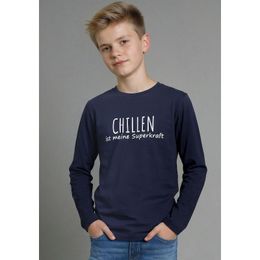 Kidsworld Jungen Kidsworld Langarmshirt &raquo;Spr&uuml;cheshirt: CHILLEN ist meine Superkraft&laquo; modischer Stil, f&uuml;r Basic-Anl&auml;sse blau 128/134