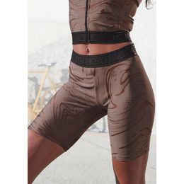 active by Lascana Lascana Active Damen LASCANA ACTIVE Funktionsshorts mit gl&auml;nzendem 3D Schriftzug auf dem Bund braun XS (32/34), N-Gr