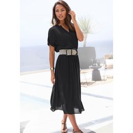 Buffalo Damen Midikleid &raquo;mit Smokbund in der Taille aus gekreppter Webware&laquo; Seitennahttaschen luftiges Sommerkleid, leichtes Strandkleid, 