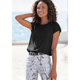 Lascana Damen Lascana Kurzarmshirt mit Rundhalsausschnitt, Jerseyware, &Auml;rmelaufschlag, Basic schwarz 36/38