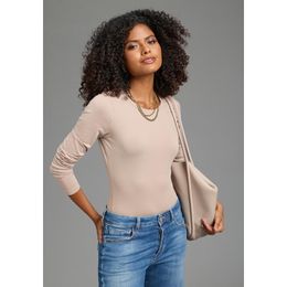 Laura Scott Damen Langarmbody aus elastischer Baumwollmischung, figurbetonte Passform beige 34, N-Gr