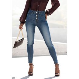Lascana Damen Lascana High-waist-Jeans mit sichtbarer Knopfleiste und Stretch-Anteil, Skinny, High Waist blau 34, N-Gr