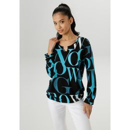 Aniston Selected Damen Aniston SELECTED Langarmshirt mit Cut-out und trendy Buchstabendruck schwarz 46