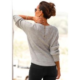 Lascana V-Ausschnitt-Pullover mit Zierperlen im R&uuml;cken, femininer Strickpullover grau 36/38 V-Ausschnitt-Pullover