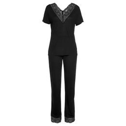 Lascana Damen Lascana Pyjama Set, 2 tlg. mit Spitzeneins&auml;tzen schwarz 40/42