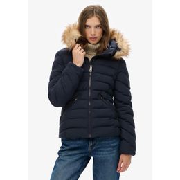 Superdry Damen Steppjacke &raquo;FUJI FAUX FUR HOOD PADDED JKT&laquo; mit Kapuze mit Markenlabel, Slim Fit, hochschlie&szlig;ender Kragen, aus Webmaterial blau S