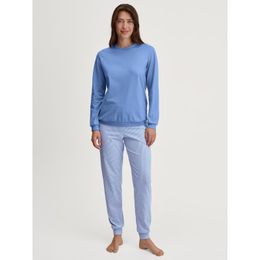 Calida Damen Calida Schlafanzug &raquo;Lovely Nights&laquo; 2 tlg. Oberteil uni, Hose gestreift, Rundhalsausschnitt, weich, Langarm blau XL (52/54)