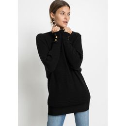bonprix Damen bonprix Strickpullover aus Viskose-Rippstrick, Fledermaus&auml;rmel, mit Knopfdetail schwarz 48/50 (XL)