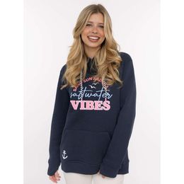 Zwillingsherz Damen Hoodie &raquo;"Saltwater Vibes"&laquo;, maritime Front-Stickerei, Kapuze mit gestreifter Kordel, K&auml;ngurutasche blau L