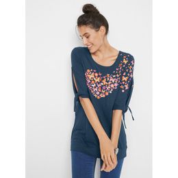 bonprix Damen bonprix T-Shirt bequeme Passform, Halbarm-Design, aus Baumwolle, ohne Kragen blau 36/38 (S)