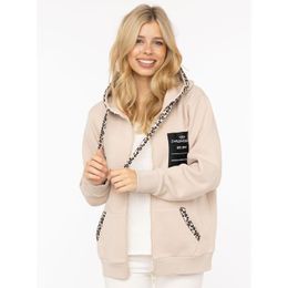 Zwillingsherz Damen Kapuzensweatjacke &raquo;" Leo"&laquo; Leomuster Details, durchgehender Rei&szlig;verschluss, Kapuze, Taschen beige S/M