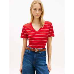 Tommy Hilfiger Damen T-Shirt &raquo;SLIM CODY V-NECK SHORT SLEEVE&laquo; aus Baumwolle, Logostickerei, gestreift rot M (40)
