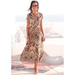 Lascana Damen Lascana Midikleid &raquo;mit Rei&szlig;verschluss am Ausschnitt und Tailleneinsatz, Ethnoprint&laquo; Ohne Taschen figurbetontes Jerseykleid, Viskosekleid