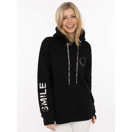 Zwillingsherz Damen Hoodie &raquo;"SMILE & LAUGH"&laquo;, Print am Arm und Brust, Kapuze mit bedruckter Kordel, K&auml;ngurutasche schwarz L/XL