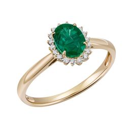 Firetti Damen Fingerring &raquo;Schmuck Geschenk Gold 585 Damenring Ring Bl&uuml;te&laquo; mit Smaragd gr&uuml;n 58, 0,11 SI = kleine Einschl&uuml;sse, Gelbgold 585, 2mm