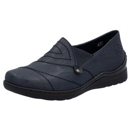 Rieker Damen Slipper , Schlupfschuh, Halbschuh, Slip on mit Stretcheinsatz und Ziersteppung blau 38