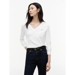 Tommy Hilfiger Damen V-Ausschnitt-Pullover &raquo;CO JERSEY STITCH V-NK SWEATER&laquo; Kontrastfarbene Streifen im Ausschnitt und Logo Stickerei am &Auml;rmel beige XS