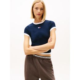Tommy Jeans Damen Kurzarmshirt &raquo;TJW SLIM SH BADGE SS RIB EXT&laquo; in gerippter Struktur blau L (40)