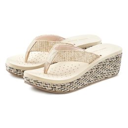 Venice Beach Damen Badezehentrenner &raquo;Sandale, Badeschuh, Sommerschuhe, Badelatsche, Flip Flop, Badeschlappe&laquo; Zehentrenner mit geschm&uuml;cktem Keilabsatz 