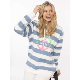 Zwillingsherz Damen Hoodie &raquo;"Immer am Strand"&laquo;, breite Streifen, gestickter Anker,Schriftzug, Kapuze, K&auml;ngurutasche L/XL