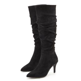 Lascana Damen Lascana Rei&szlig;verschlussstiefel &raquo;Langschaft, High-Heel Stiefelette, Slouchy Boots, Stiefel,&laquo; mit elegant modischer Raffung schwarz 42