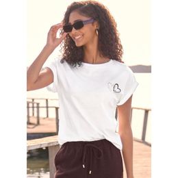 Venice Beach Damen Kurzarmshirt &raquo;mit dezentem Herzdruck und &Auml;rmelaufschlag&laquo; Rundhalsshirt mit Frontprint, T-Shirt aus Baumwolle, lockere Passform wei&szlig;
