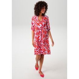 Aniston Casual Damen Aniston CASUAL Blusenkleid mit farbharmonischen, grafischen Bl&auml;tterdruck lila 46, N-Gr