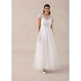bonprix Damen bonprix Brautkleid ausgestellte Passform, aus T&uuml;ll mit Spitzenbesatz, Kurzarm-Design wei&szlig; 36, N-Gr