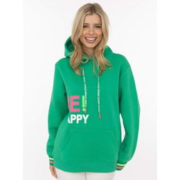 Zwillingsherz Damen Hoodie &raquo;"Be Happy!"&laquo;, gestreifte B&uuml;ndchen, Aufdruck auf Brust, Kapuze, K&auml;ngurutasche L/XL