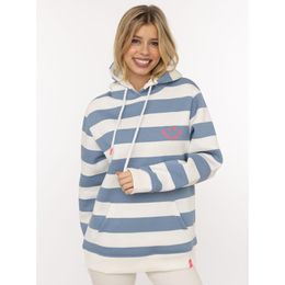 Zwillingsherz Damen Hoodie &raquo;"Streifen Smile Everyday"&laquo;, Blockstreifen, pinke Stickerei, K&auml;ngurutasche, Kapuze blau S/M