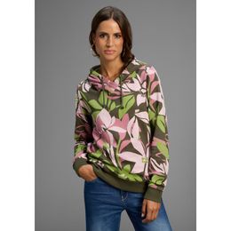 Laura Scott Damen Sweater, Pflegeleichte Baumwollmischung mit Kapuze und Blumendruck bunt 48/50