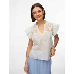 V&eacute;ro Moda Vero Moda Damen Kurzarmbluse &raquo;VMLINE SS V-NECK TOP WVN NOOS&laquo; Baumwolle, Lochstickerei wei&szlig; XS
