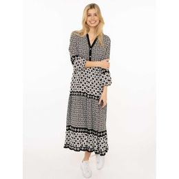 Zwillingsherz Damen Maxikleid &raquo;"Geometric"&laquo; Ohne Taschen Ornamentmustermix, Knopfleiste, 3/4 Arm schwarz-wei&szlig; S/M, N-Gr