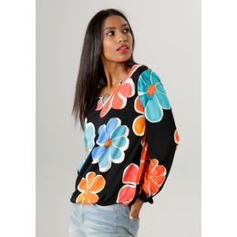 Aniston Selected Damen Aniston SELECTED Langarmshirt mit Cut-out und farbenfrohem Bl&uuml;tendruck bunt 38