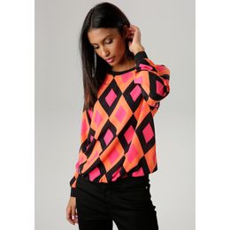 Aniston Selected Damen Aniston SELECTED Shirtbluse mit unifarbenen B&uuml;ndchen und Retro-Muster bunt 46