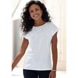 Lascana Damen Lascana T-Shirt &raquo;mit glitzerndem Frontprint&laquo; aus angenehmer Viskose-Baumwoll-Qualit&auml;t wei&szlig; 36/38