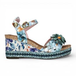 Laura Vita Damen-Espadrilles Facyo 75 aus blauem Leder mit Blumenmuster und Keilabsatz