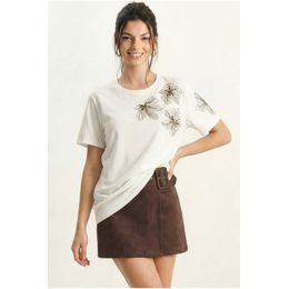 Blumenbesticktes Rundhalsausschnitt T-Shirt