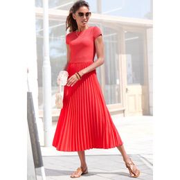 Lascana Damen Lascana Midikleid &raquo;mit Plisseerockteil, b&uuml;gelfreie Qualit&auml;t&laquo; Ohne Taschen elegantes Sommerkleid, Festkleid, Plisseekleid, modisch rot 34
