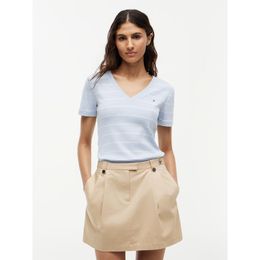 Tommy Hilfiger Damen T-Shirt &raquo;SLIM CODY V-NECK SHORT SLEEVE&laquo; aus Baumwolle, Logostickerei, gestreift blau XS (34)