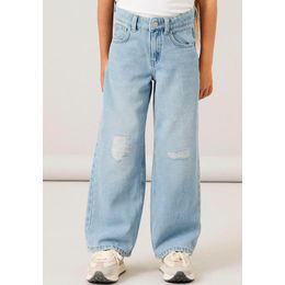 name it M&auml;dchen 5-Pocket-Jeans &raquo;NKFROSE f&uuml;r M&auml;dchen mit Destroyed-Effekt und hohem Bund&laquo; normal, Denim, Abriebeffekte, Rei&szlig;verschluss blau 128, N-Gr