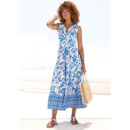 Lascana Damen Lascana Maxikleid &raquo;mit Blumenprint und kurzer Knopfleiste&laquo; Elegantes Sommerkleid aus Webware, Strandkleid,Druckkleid, Tunikakleid blau 