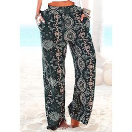 Lascana Damen Lascana Strandhose &raquo;aus leichter Viskose mit weitem Bein&laquo; mit Ethnoprint, Wide-Leg, Marlenehose, leichte Sommerhose, Schlupfhose schwarz
