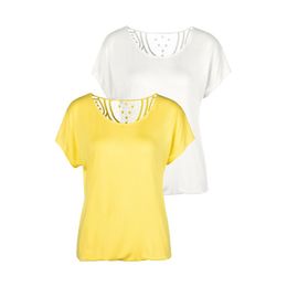 Vivance Damen Kurzarmshirt &raquo;mit Spitzeneinsatz am R&uuml;cken&laquo; 2er-Pack, aus elastischem Viskose-Jersey, sommerlich leicht gelb 44/46