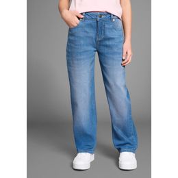 Kidsworld M&auml;dchen Kidsworld Loose-fit-Jeans &raquo;M&auml;dchenjeans in weiter Form&laquo; Weite Jeans mit Logo-Stickerei blau 164, N-Gr