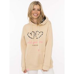 Zwillingsherz Damen Hoodie &raquo;"FOREVER wild"&laquo;, zwei gestickte Herzmotive, Leo-Design, Kapuze, K&auml;ngurutasche beige S/M